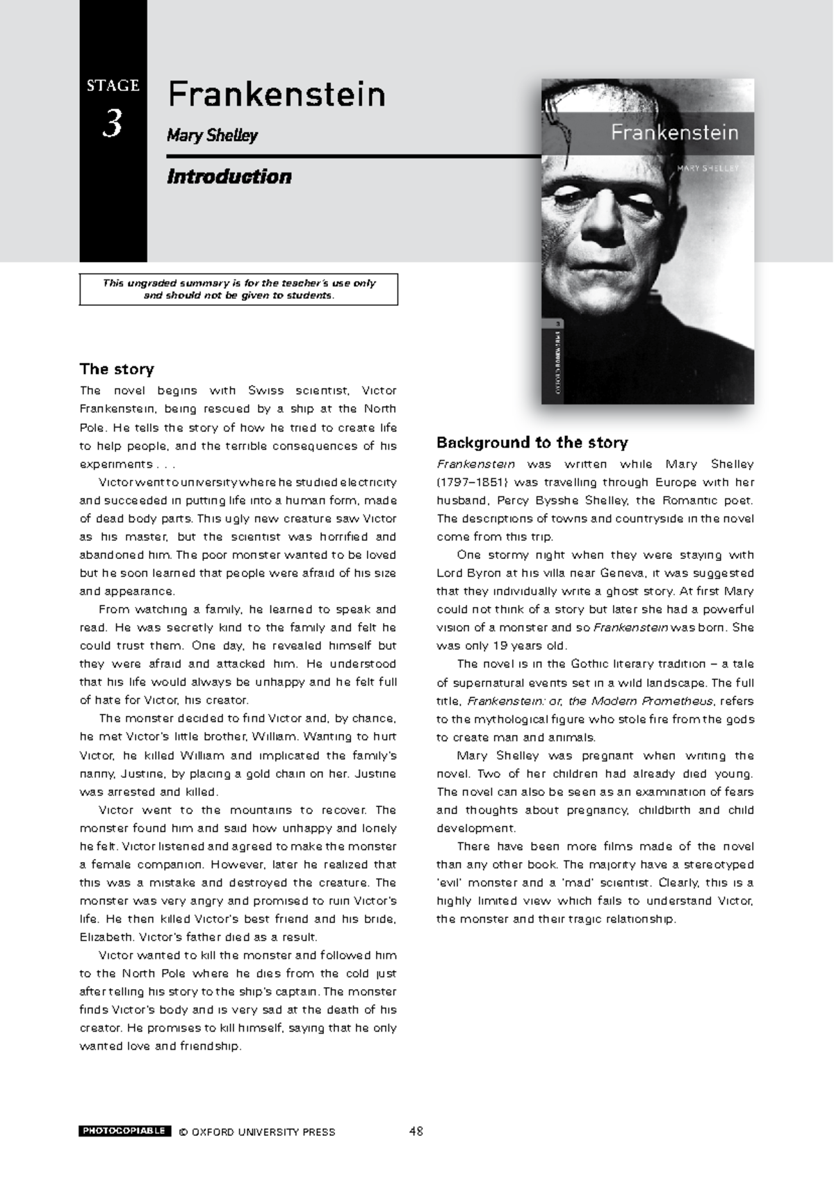 STAGE 3: Summary and Activities for Mary Shelley's Frankenstein - Studocu