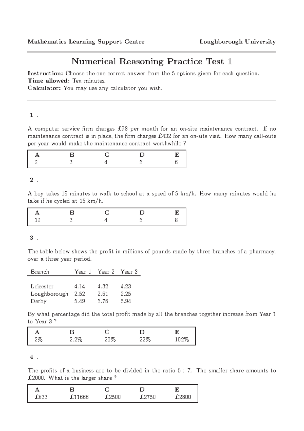 Numerical Reasoning Practice Test 1 - Mathematics Learning Support ...