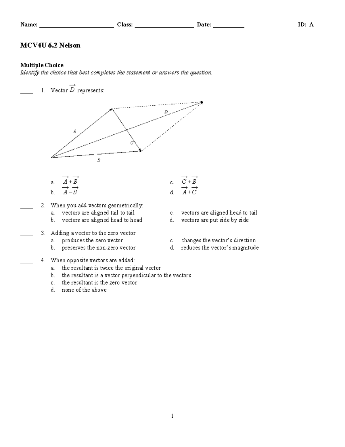 MCV4U 6.2 Nelson Multiple Choice Questions on Vector Addition - Studocu