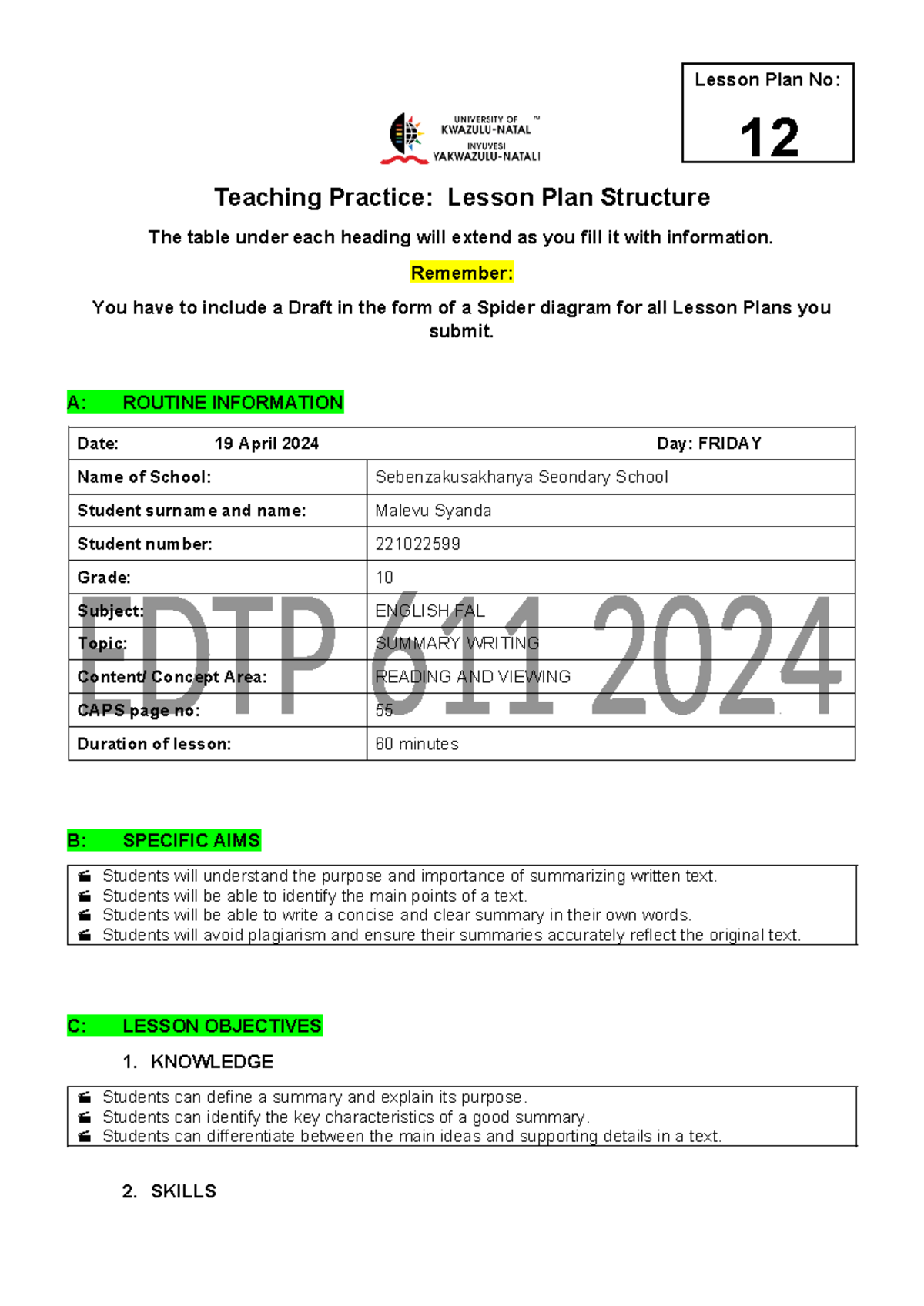 Lesson Plan: Summary Writing for English 10 FAL (Grade 10) - Studocu