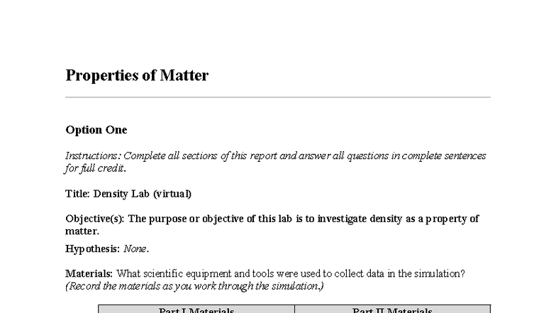 Density Lab Report: Investigating Properties of Matter - Studocu
