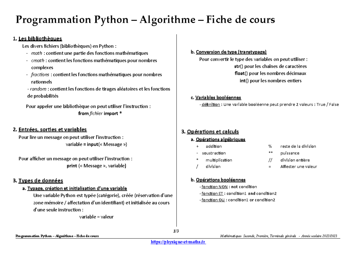 Fiche de cours 1 : Algorithmes en Python pour Mathématiques Seconde, Première, - Studocu