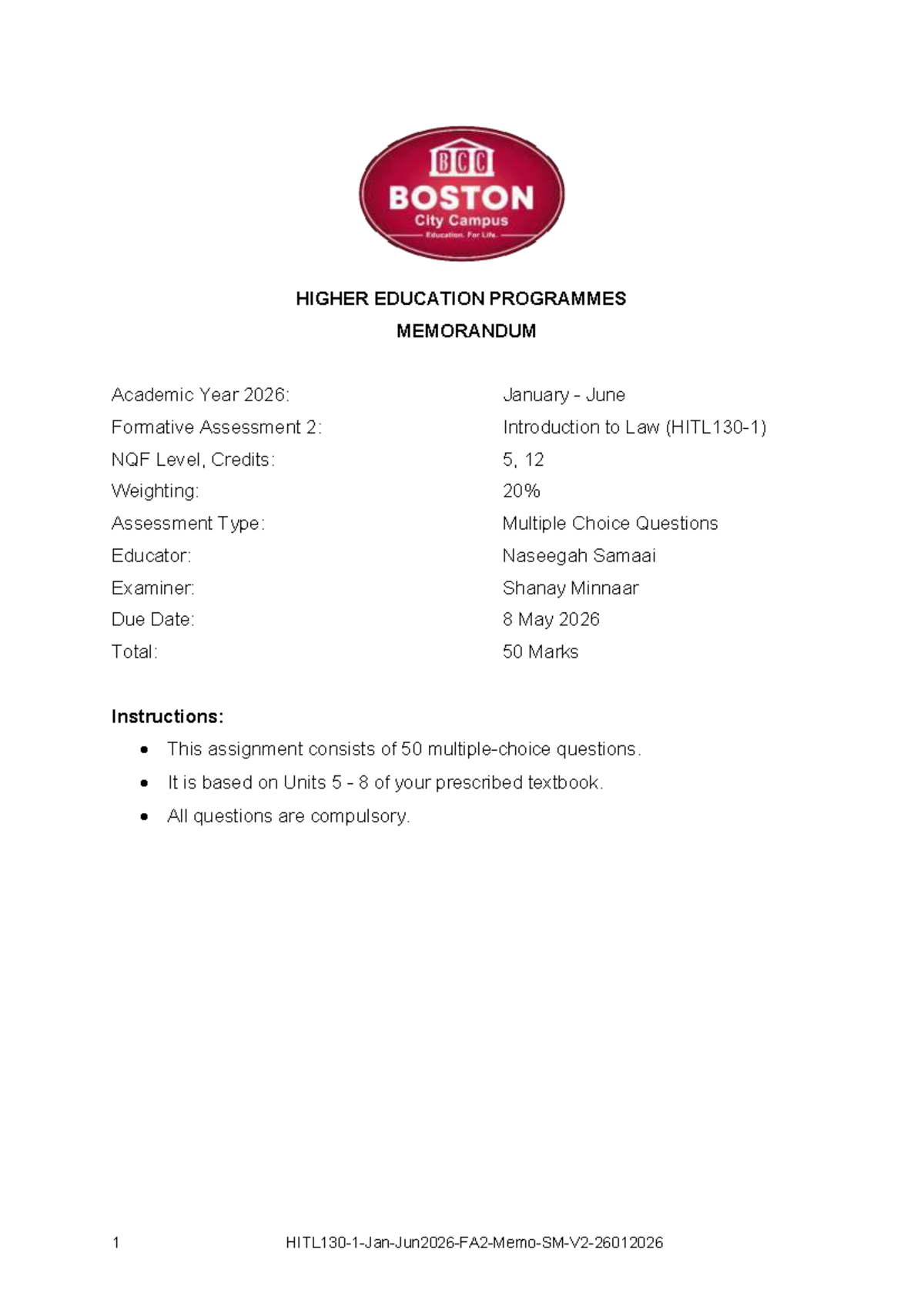 HITL130 Jan-Jun 2026 FA2 Memo: Introduction to Law Assessment - Studocu