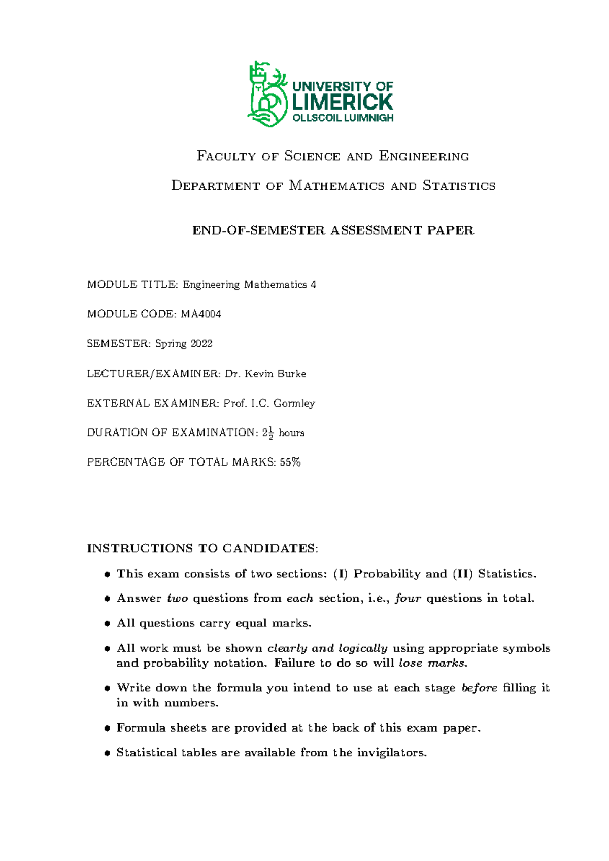 Final Exam MA4004: Engineering Mathematics 4 - Spring 2022 - Studocu
