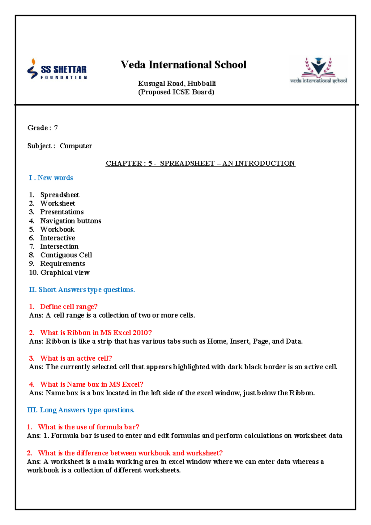 Grade 7 Computer Chapter 5 Notes: Introduction to Spreadsheets - Studocu