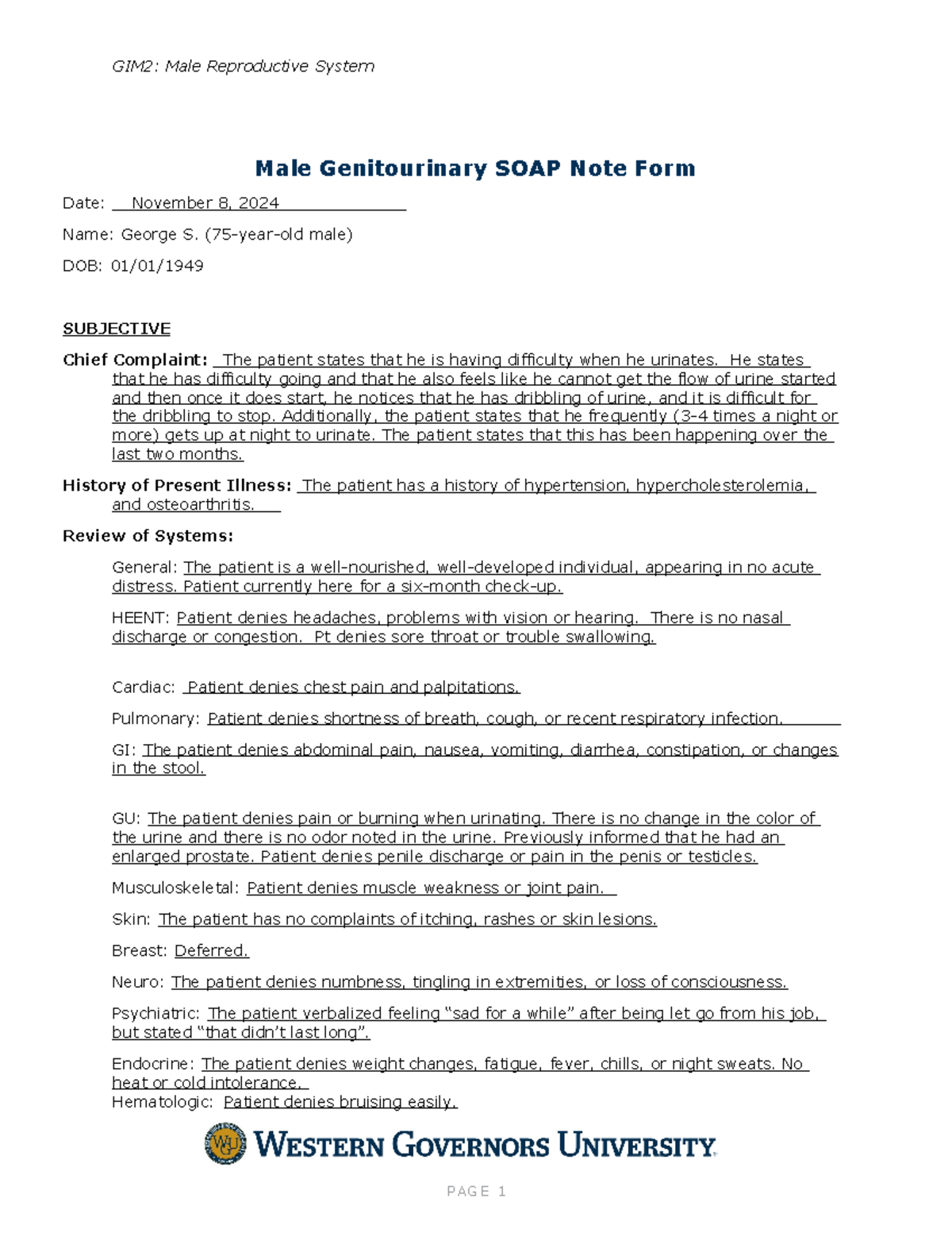 GIM2: Male Genitourinary SOAP Note for Patient George S. - Studocu