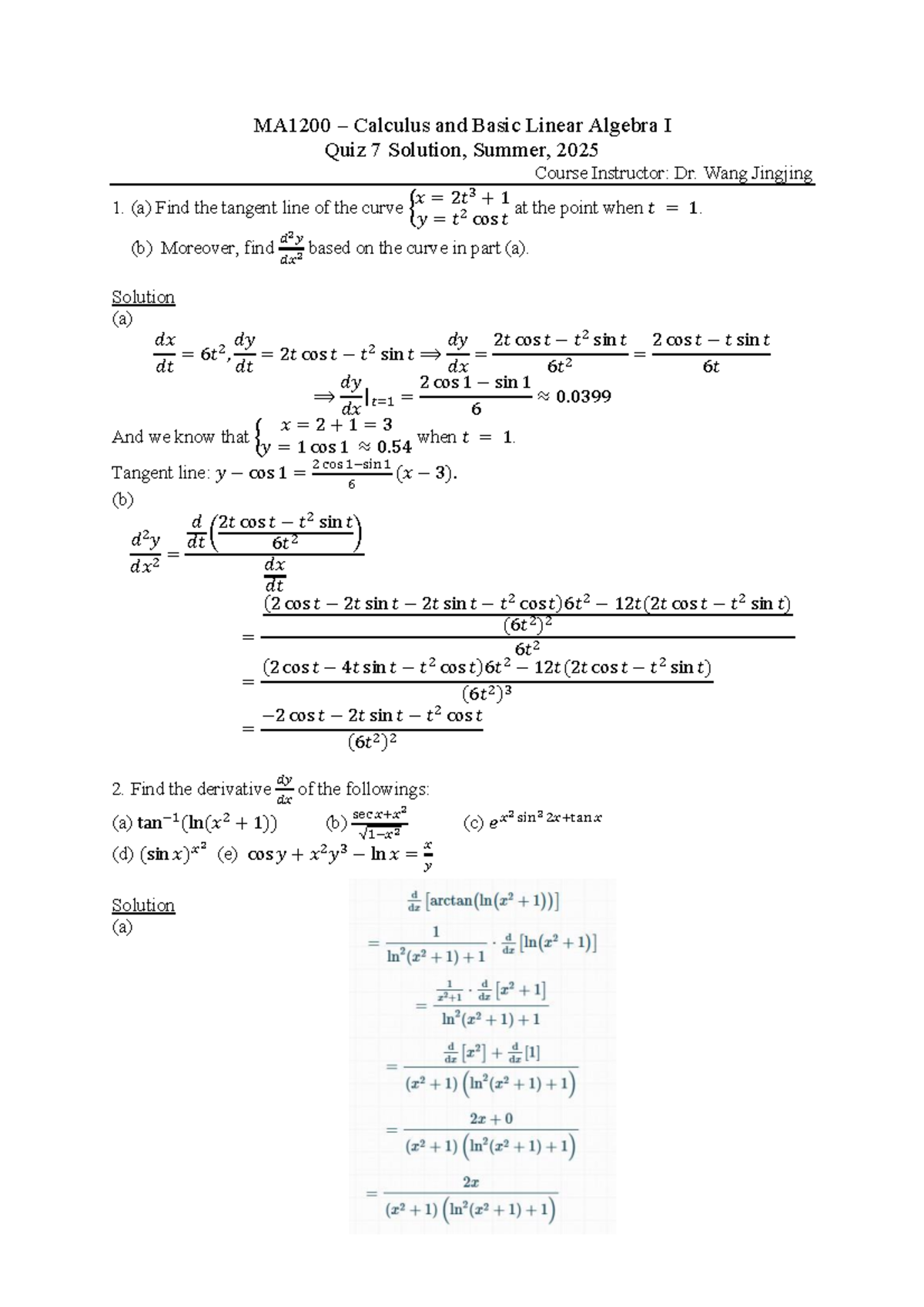 MA1200 Calculus and Linear Algebra I Quiz 7 Solutions, Summer 2025 ...