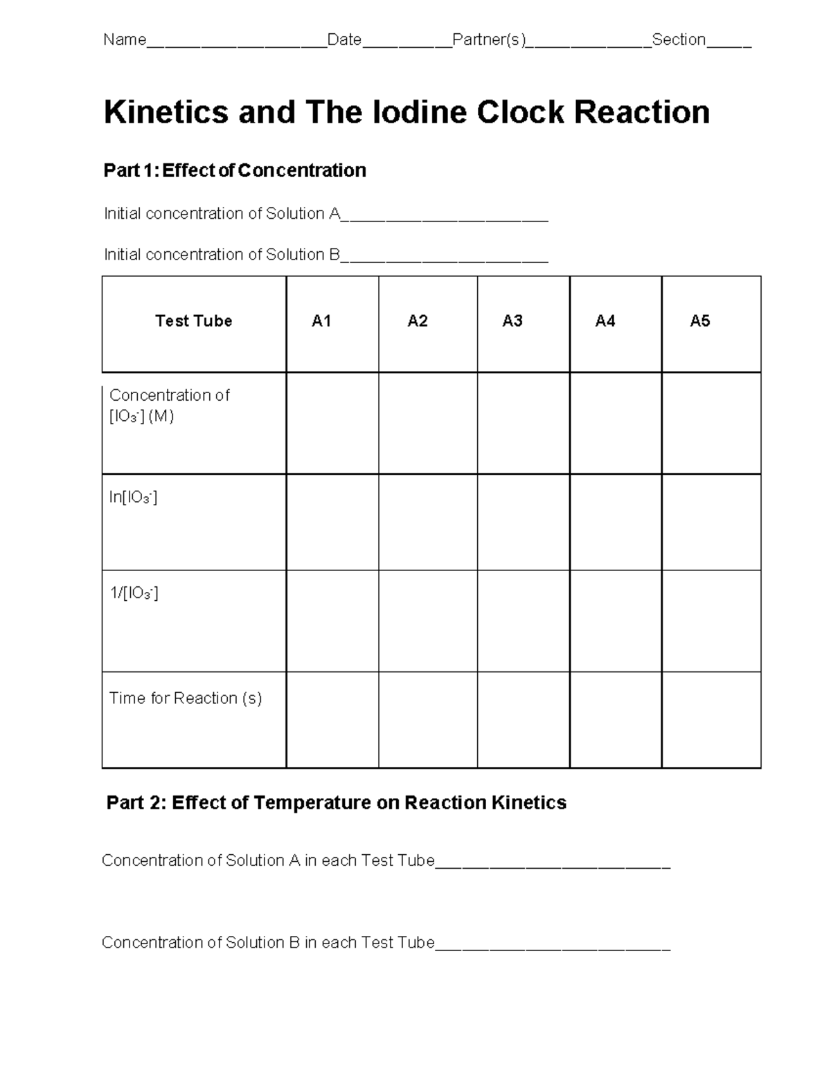 Experiment 4 - Data Sheet - Kinetics of Iodine Clock Reaction - Studocu