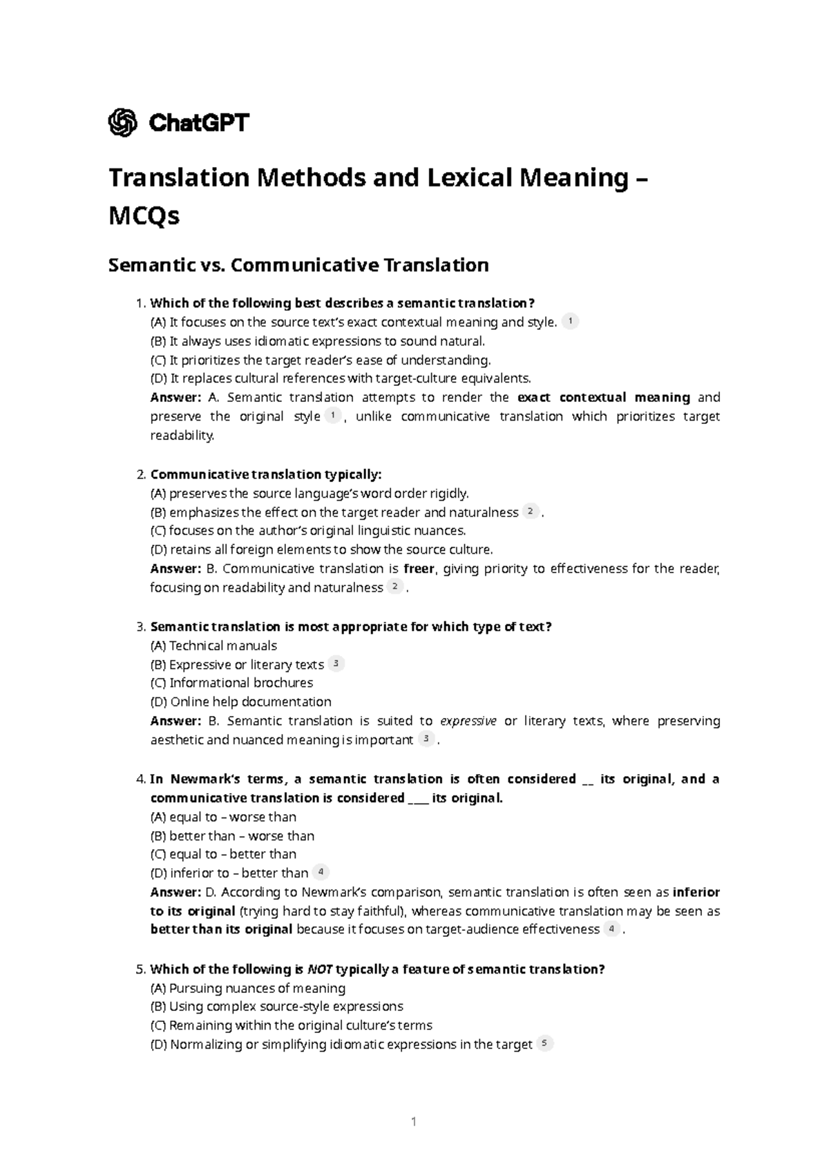 Translation Methods and Lexical Meaning MCQs: Semantic vs ...