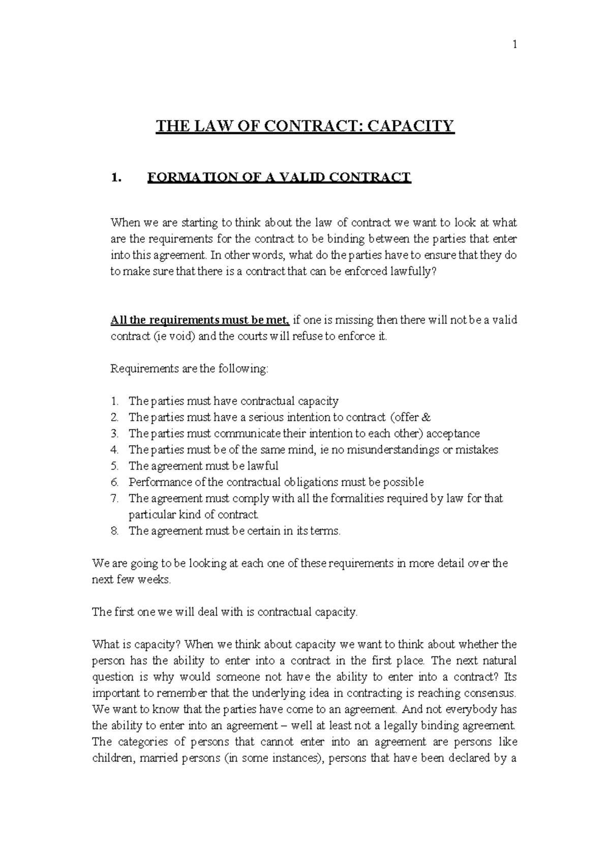 Law of Contract: Capacity & Formation of Valid Contracts - Studocu
