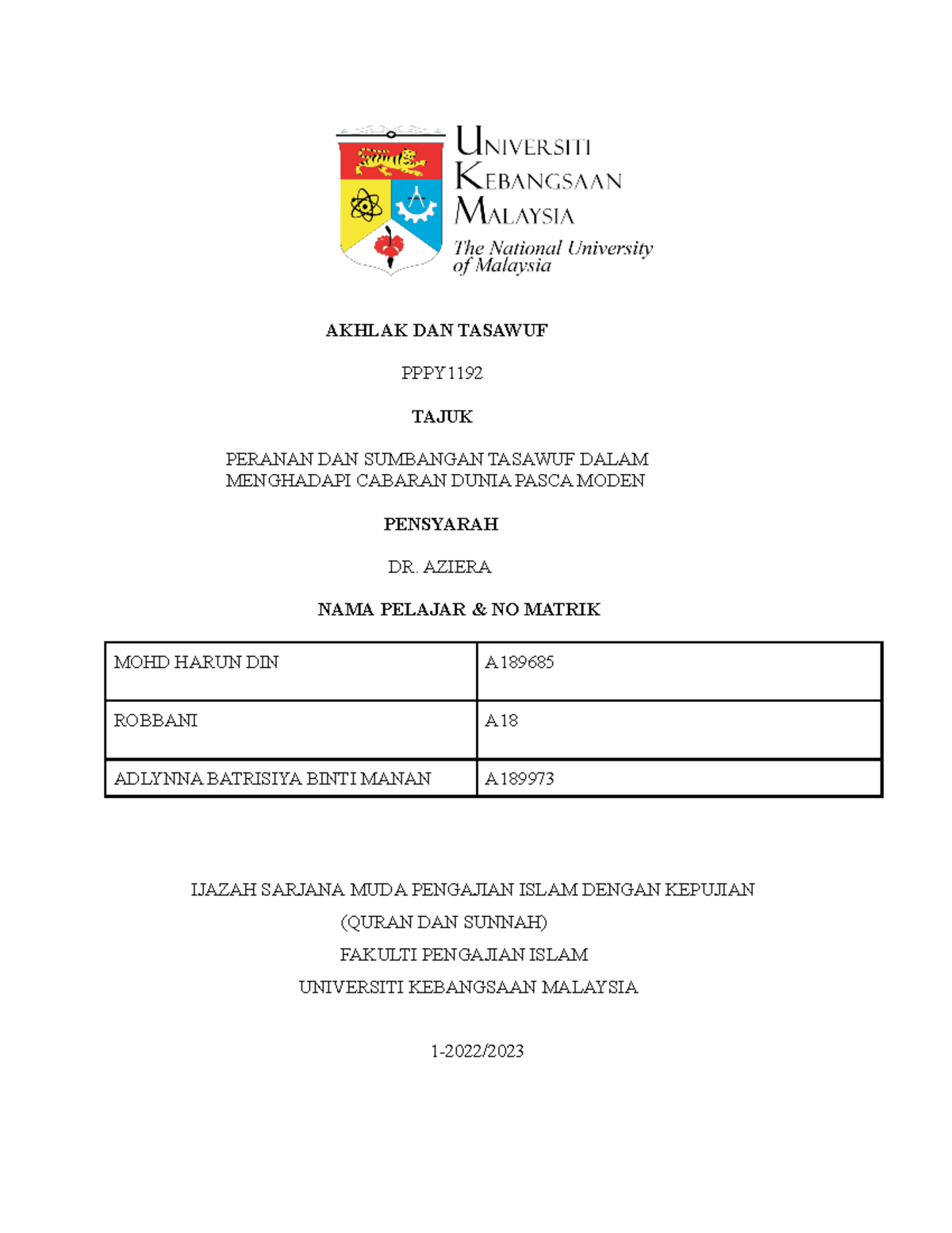 Peranan dan Sumbangan Tasawuf: Menghadapi Cabaran Pasca Moden - Studocu