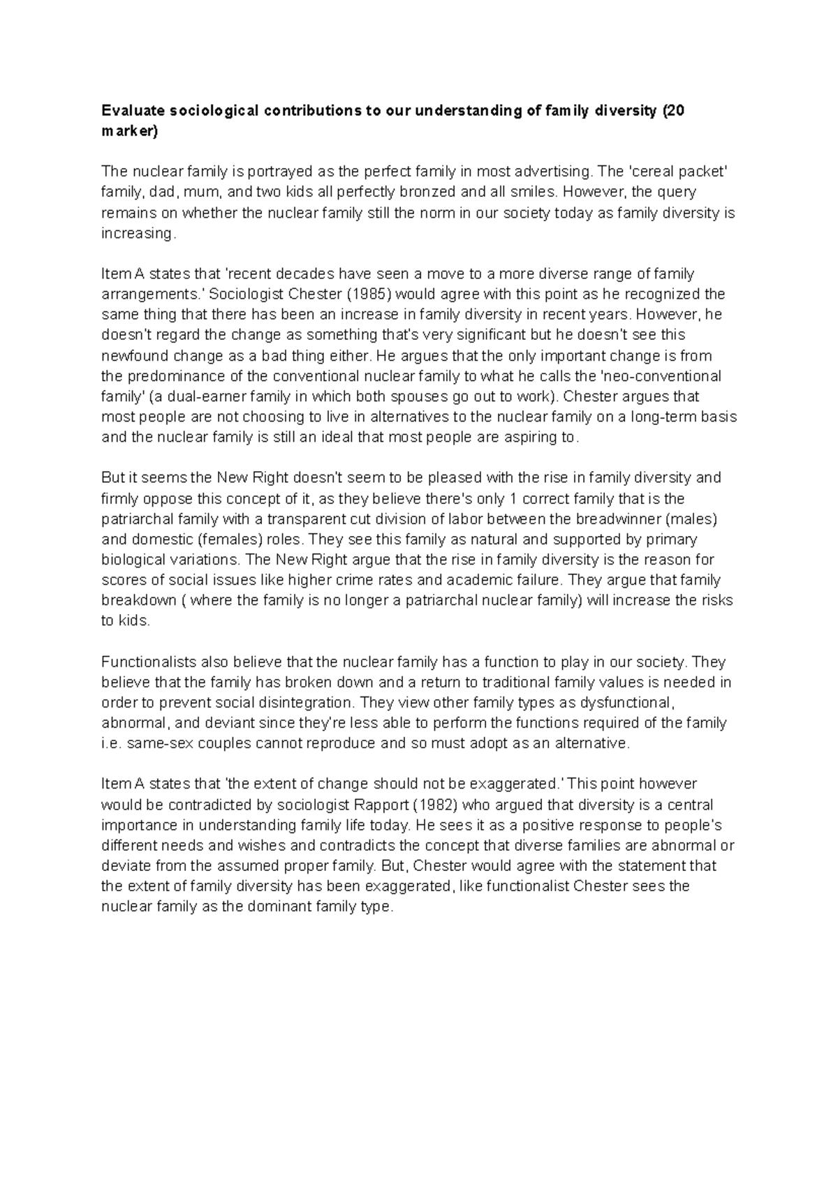 Sociological Insights on Family Diversity (Sociology 20 Marker) - Studocu