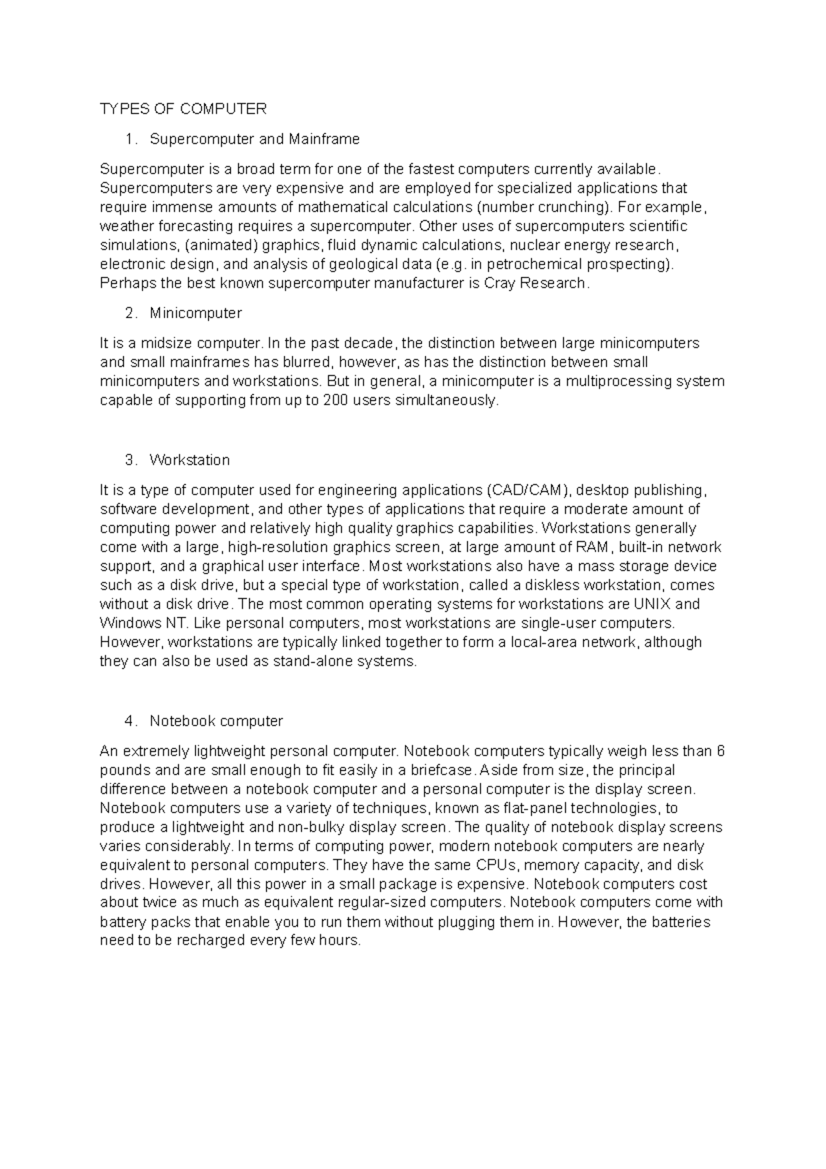 Types of computer - imd222 - TYPES OF COMPUTER Supercomputer and ...