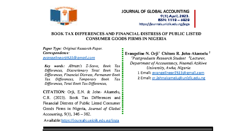 Book Tax Differences and Financial Distress in Nigerian Consumer Goods ...