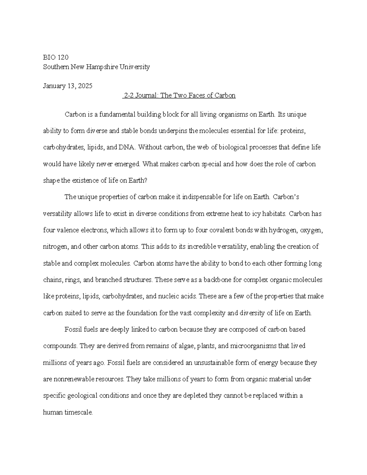 BIO 120 Journal: The significance of carbon in life on Earth - Studocu