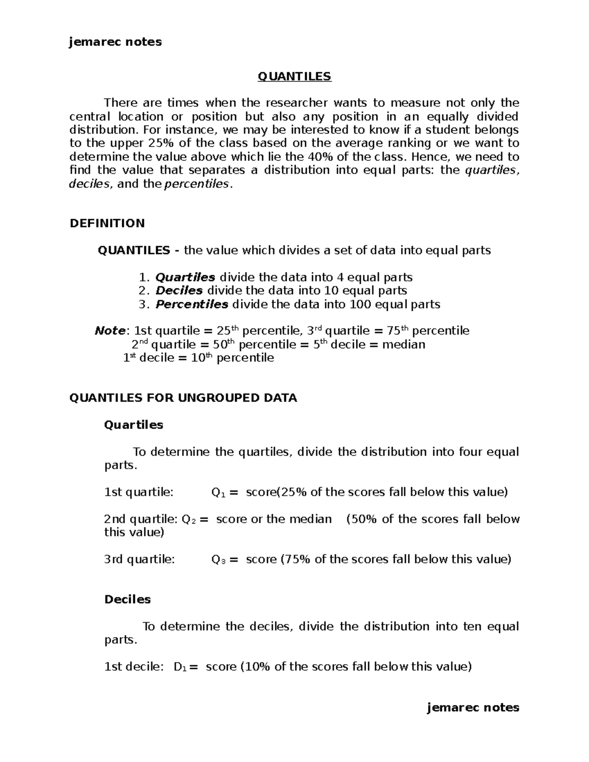 Quantiles for Ungrouped Data in Statistics (STATS 101) - Studocu