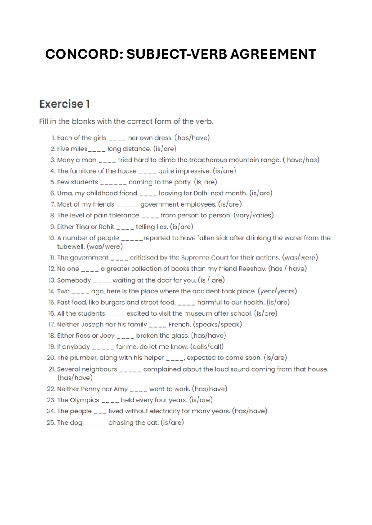 Concord Worksheet Q&A for Grade 9: Verb Agreement Exercises - Studocu