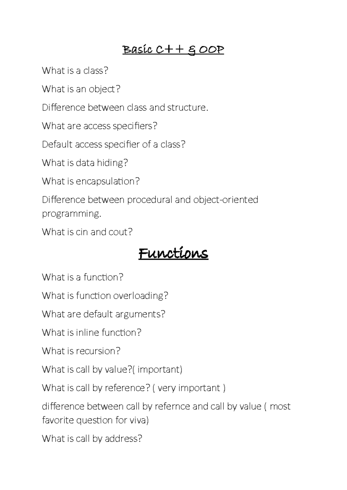 C++ Important Questions: OOP Concepts, Functions, Inheritance & More ...