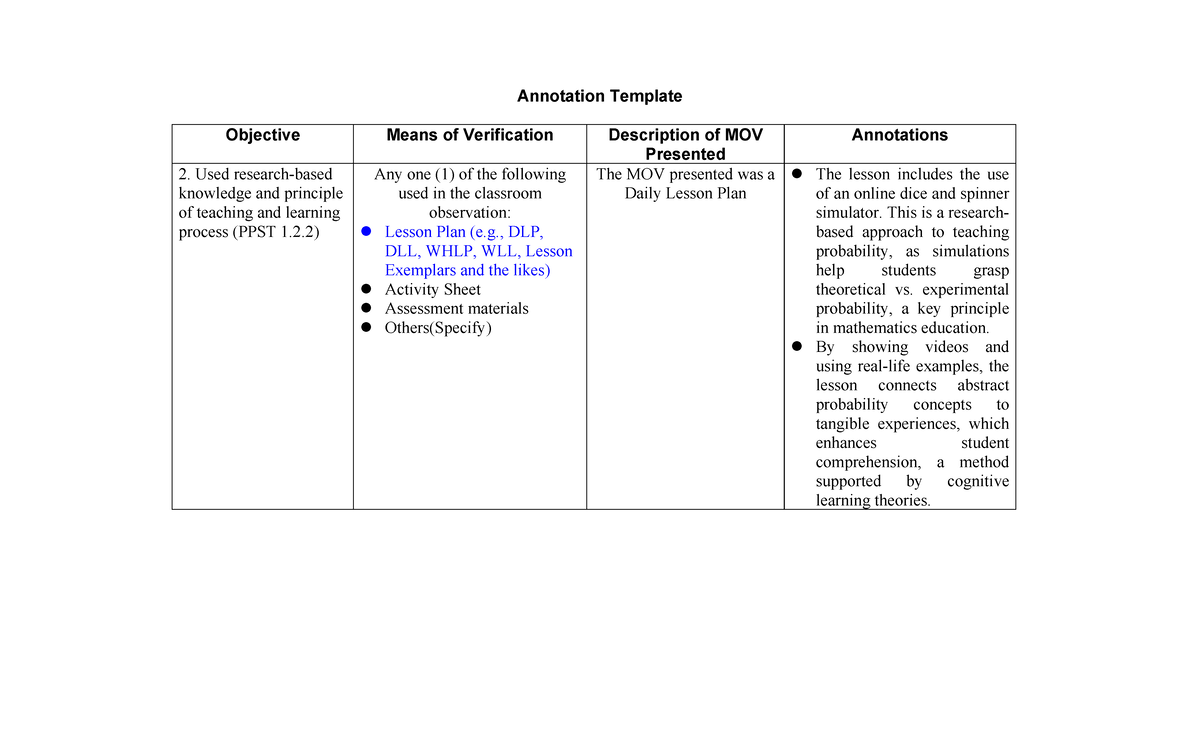 Annotation Template for Lesson Plan: Research-Based Approaches in Teaching - Studocu