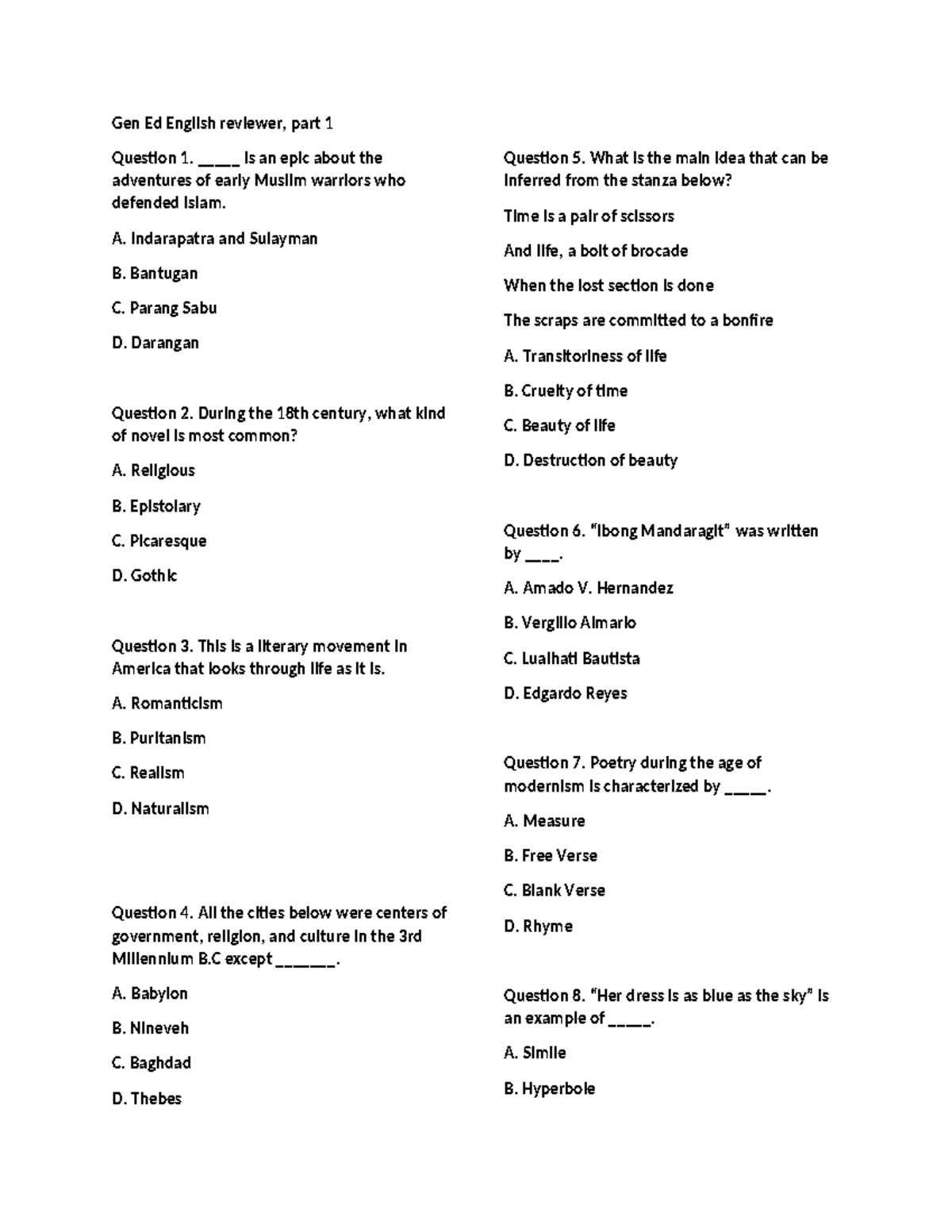 Gen Ed English Reviewer: Mockboard Quiz Part 1 - Studocu