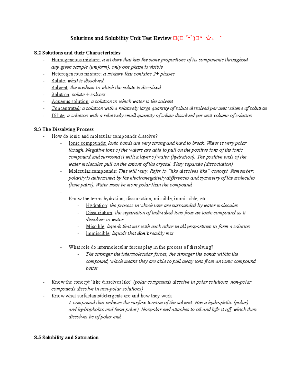 Chem Test 4 Review Solutions and Solubility - Solutions and Solubility ...