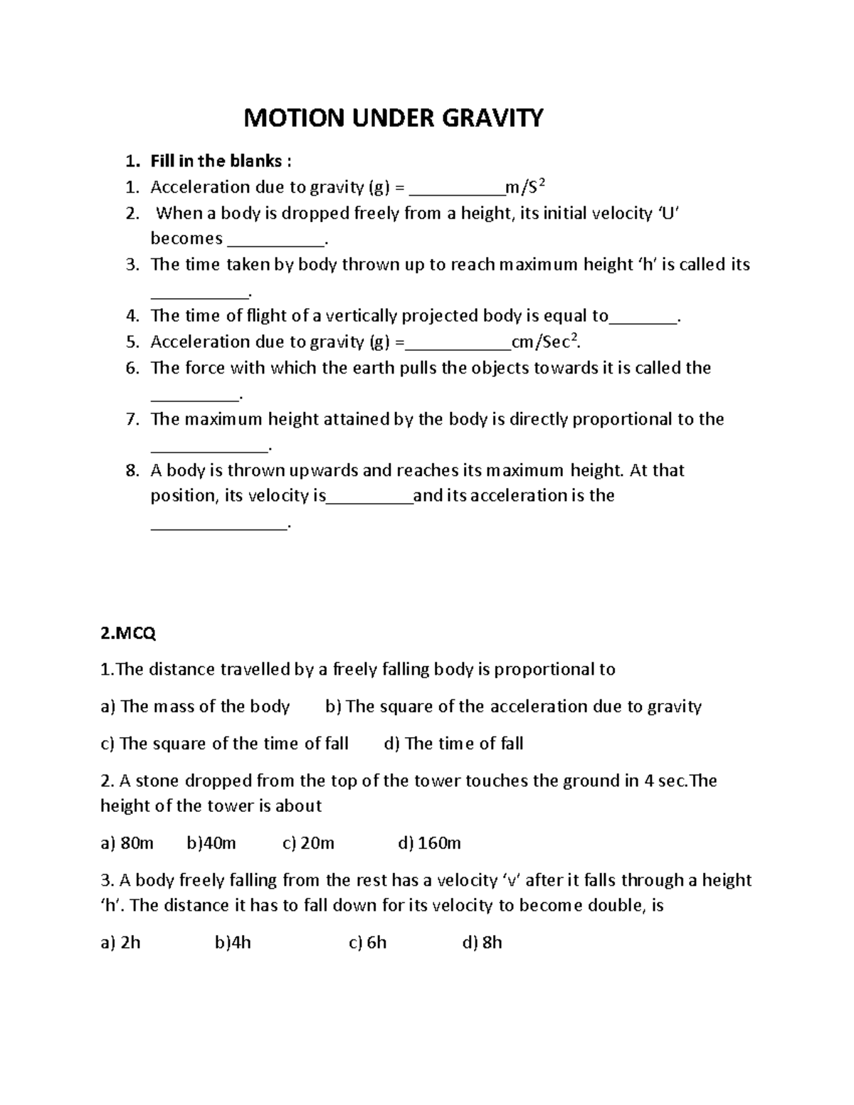 Motion Under Gravity - Worksheet & MCQs (Physics 101) - Studocu