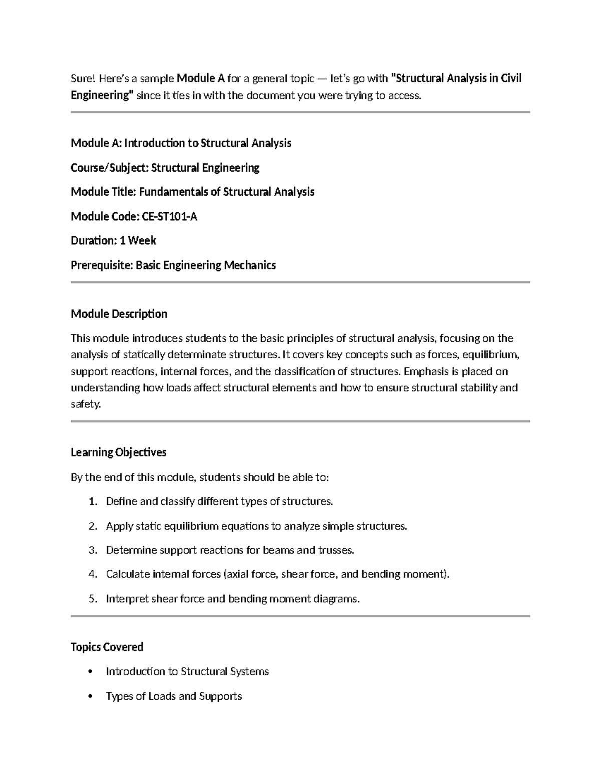 Module 1 - structural analysis - Sure! Here's a sample Module A for a ...