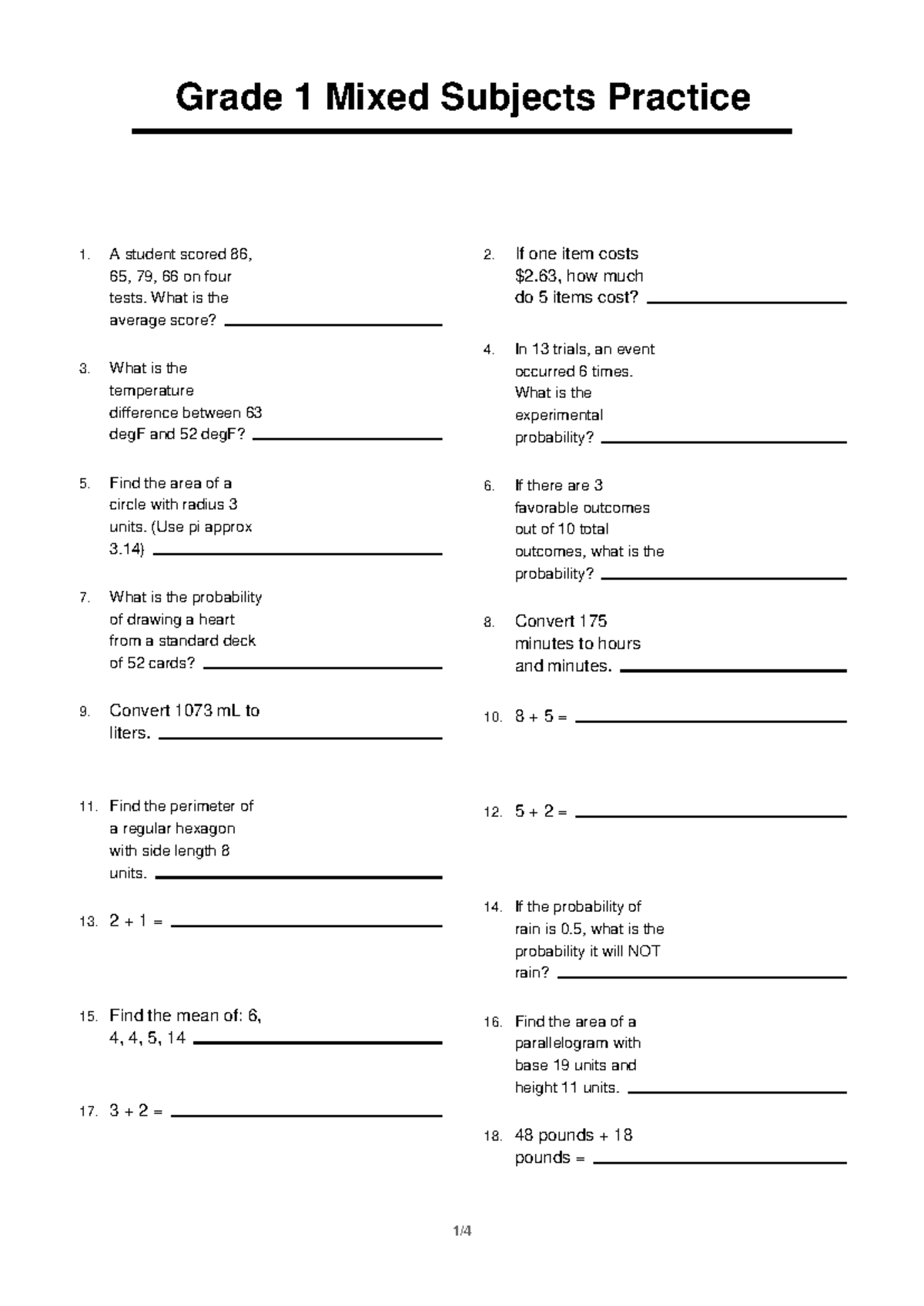 Grade 1 Mixed Subjects Practice 17: Math & Probability Exercises - Studocu