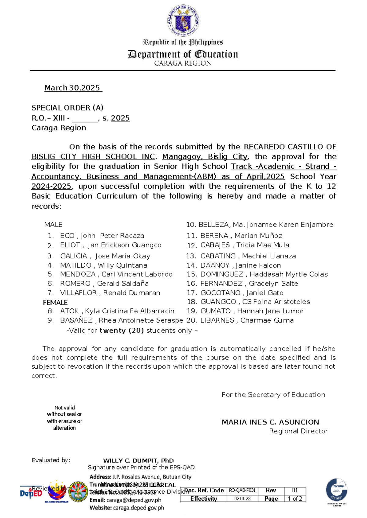 March 30, 2025 Special Order for SHS Graduation Eligibility - Caraga ...