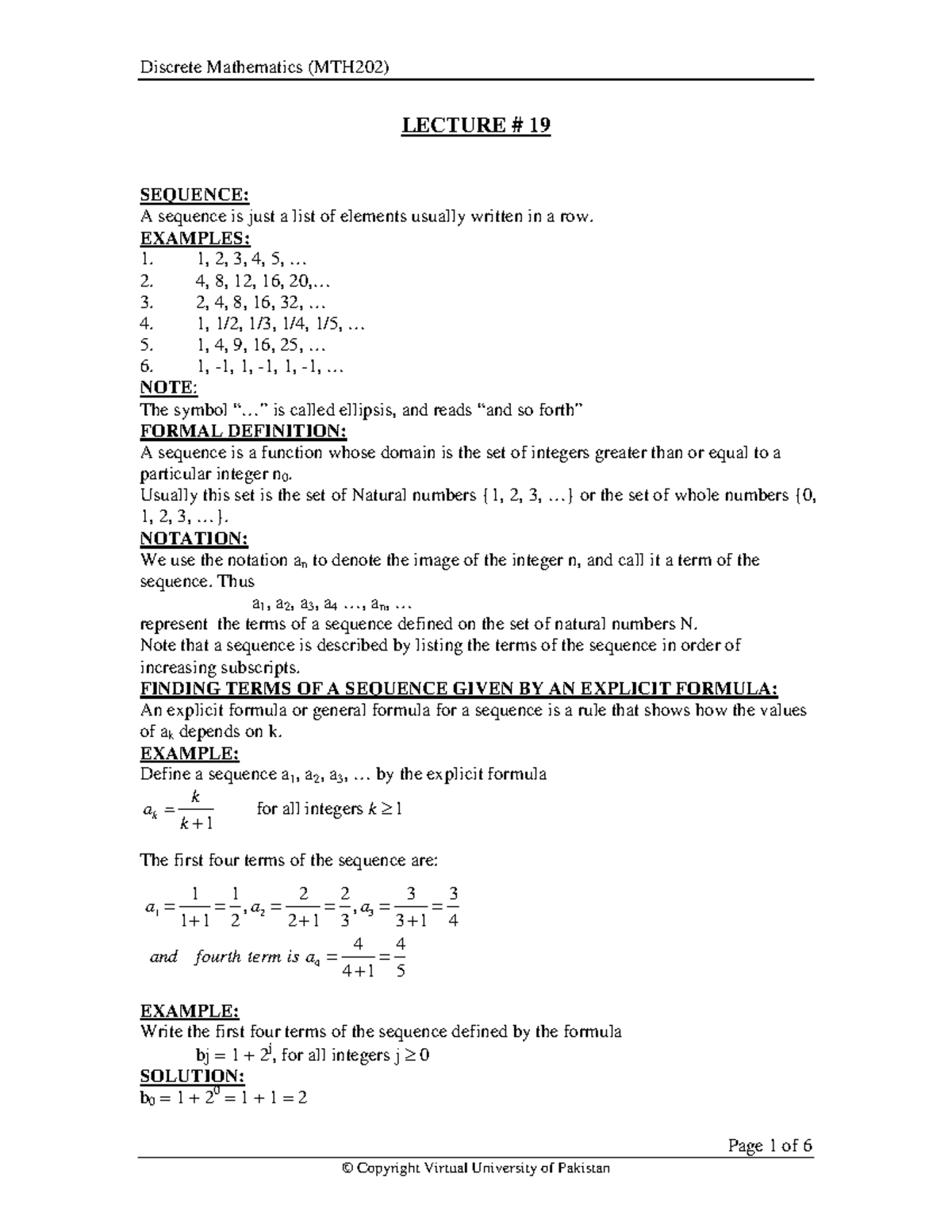 Discrete Mathematics (MTH202) Lecture 19: Sequences and Series - Studocu