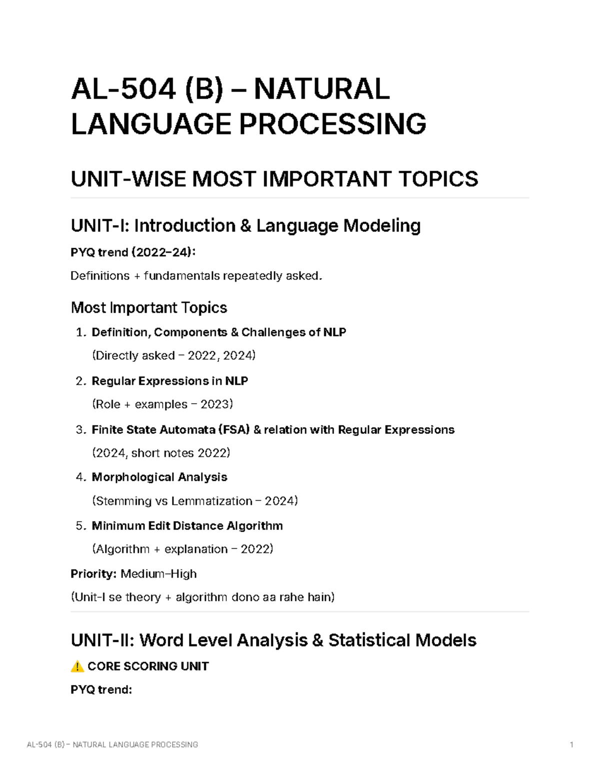 AL-504 (B) Natural Language Processing: Key Topics & Model Question ...