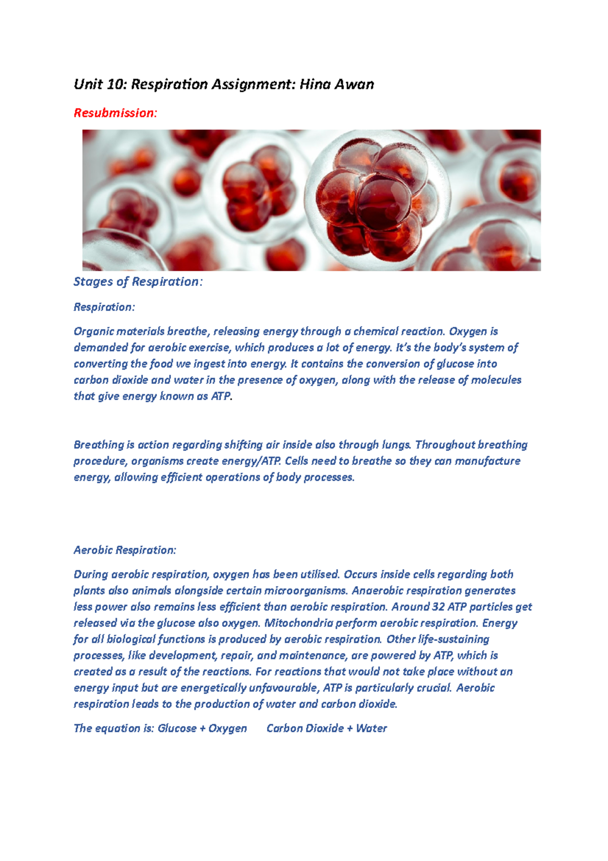 Unit 10 respiration resubmission second assignment - Unit 10: Respira琀椀 ...