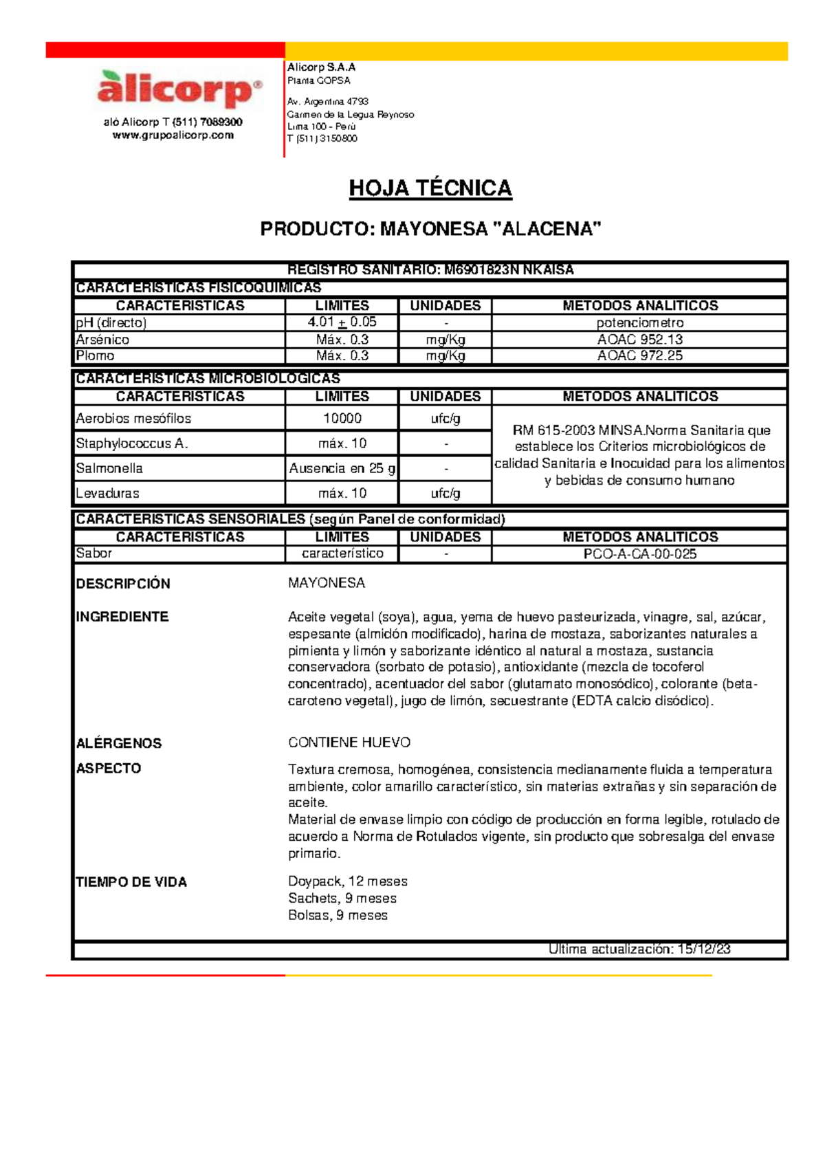 Hoja Técnica: Mayonesa Alacena (5. HT) 2024 - Studocu