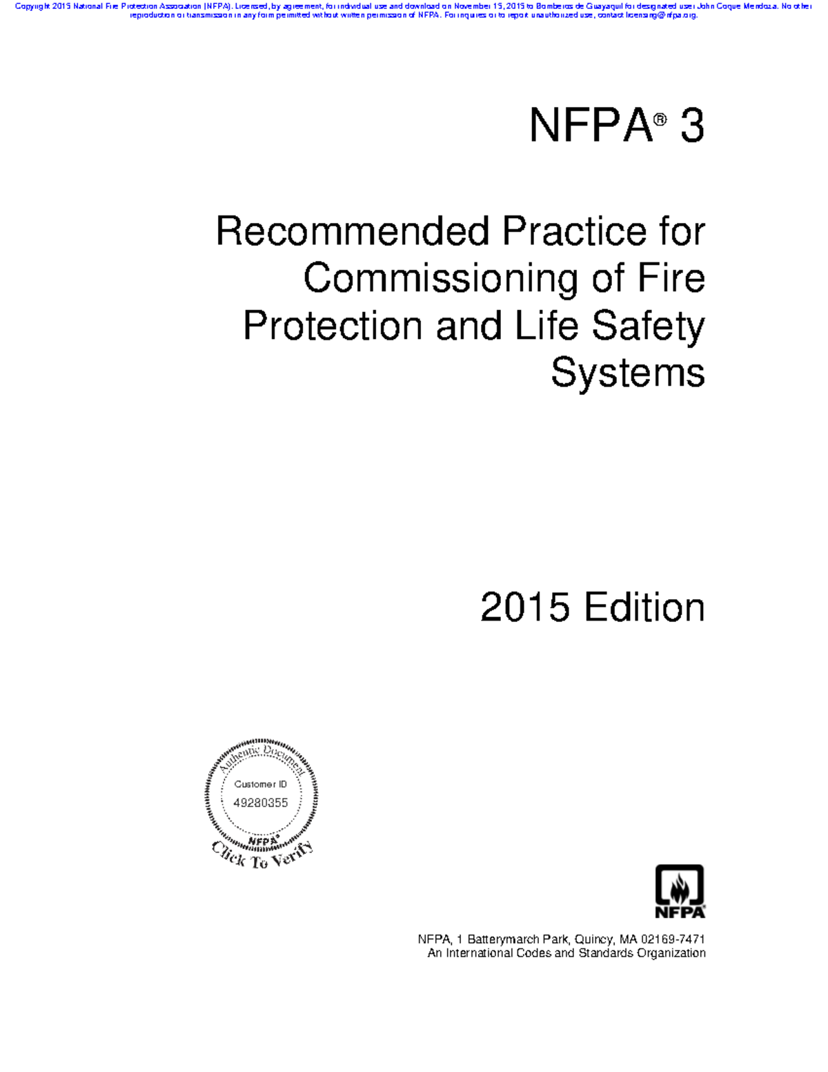 NFPA 3 (2015 ) Recommended Practice for Commissioning of Fire Protection and Life Safety Systems ...