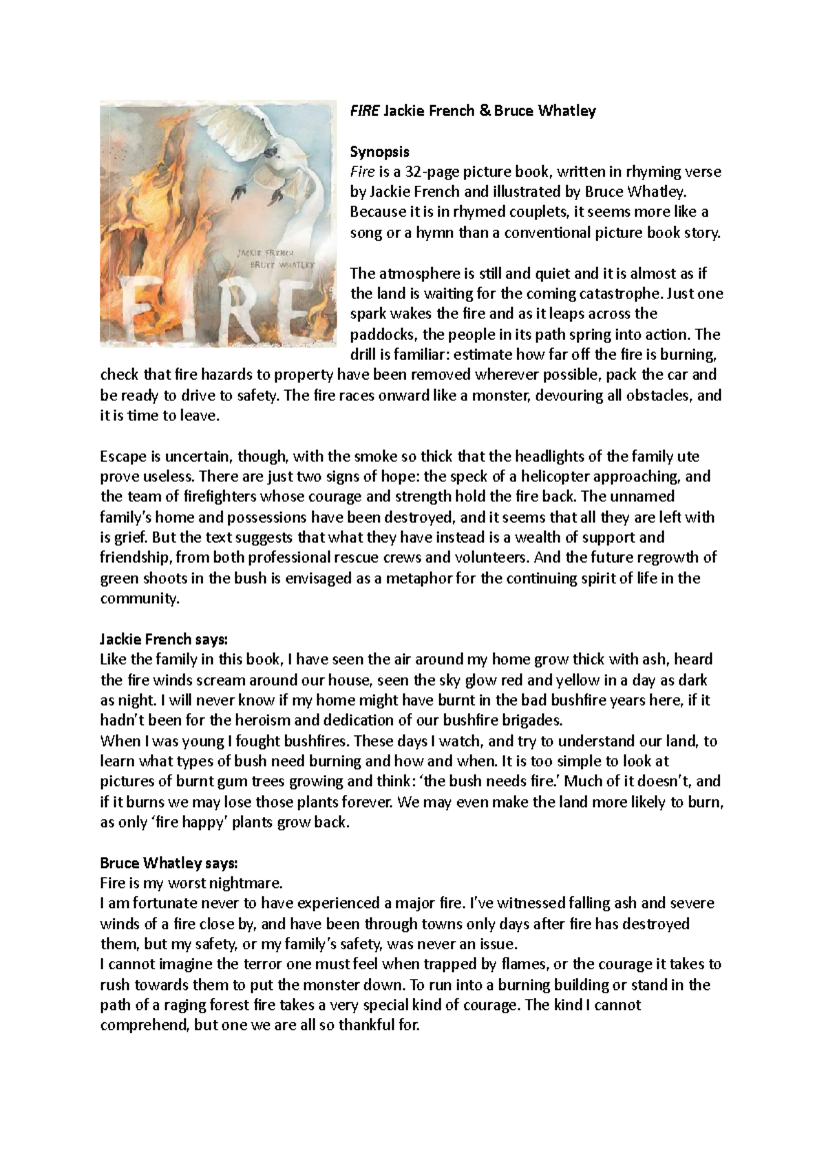 Fire: A Rhymed Picture Book Summary by Jackie French & Bruce Whatley ...
