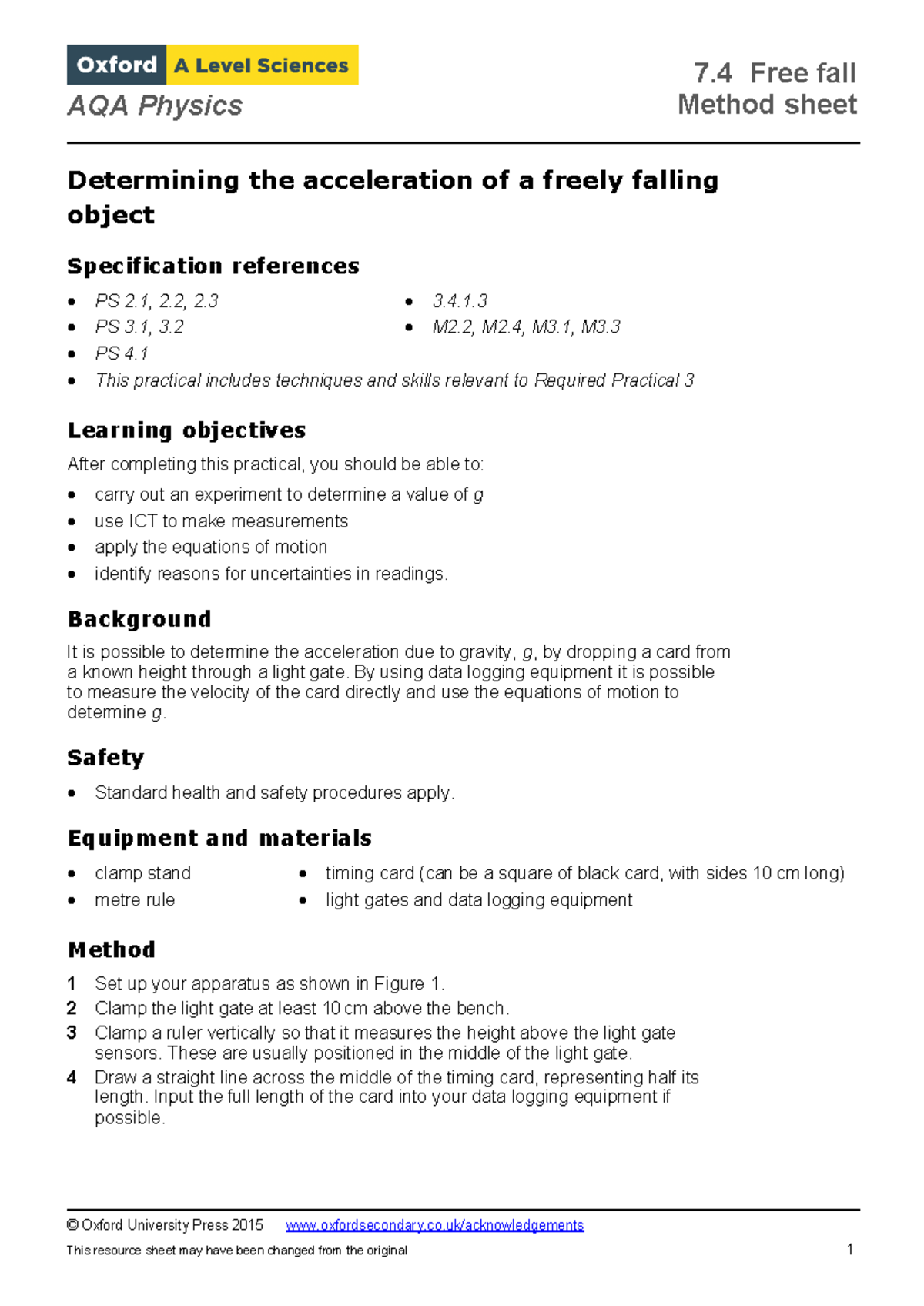 7.4 Free Fall Method Sheet - AQA Physics Practical on g Determination ...