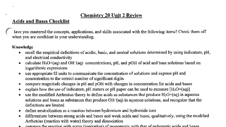 Chemistry 20 Unit 2 Review: Acids and Bases Mastery Checklist - Studocu