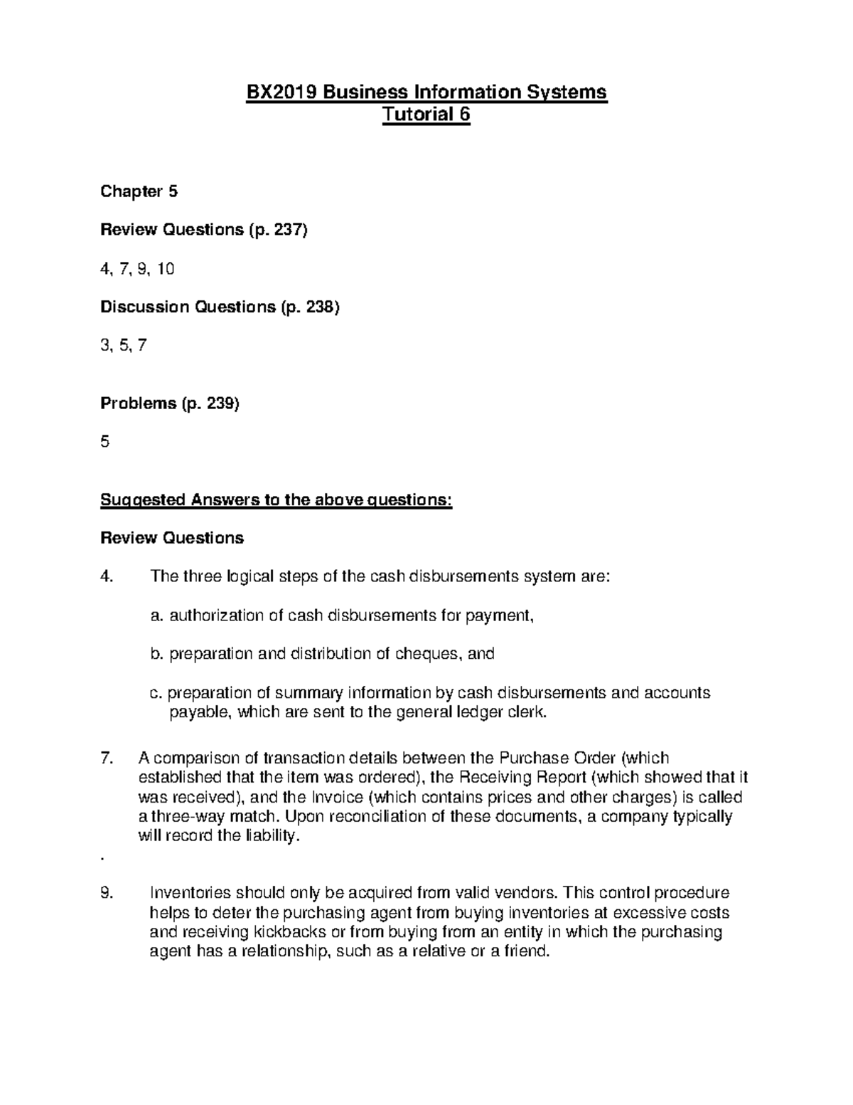 Tutorial work - 6 - 9 Answers on the tutorial questions - BX2019 ...