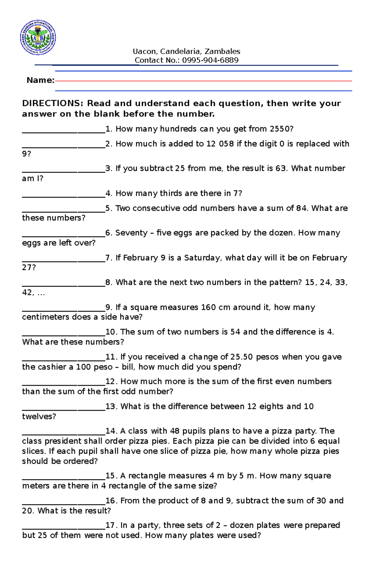 MATH FAIR Division Questions - AMADO BARRERA EDUCATIONAL CENTER INC ...