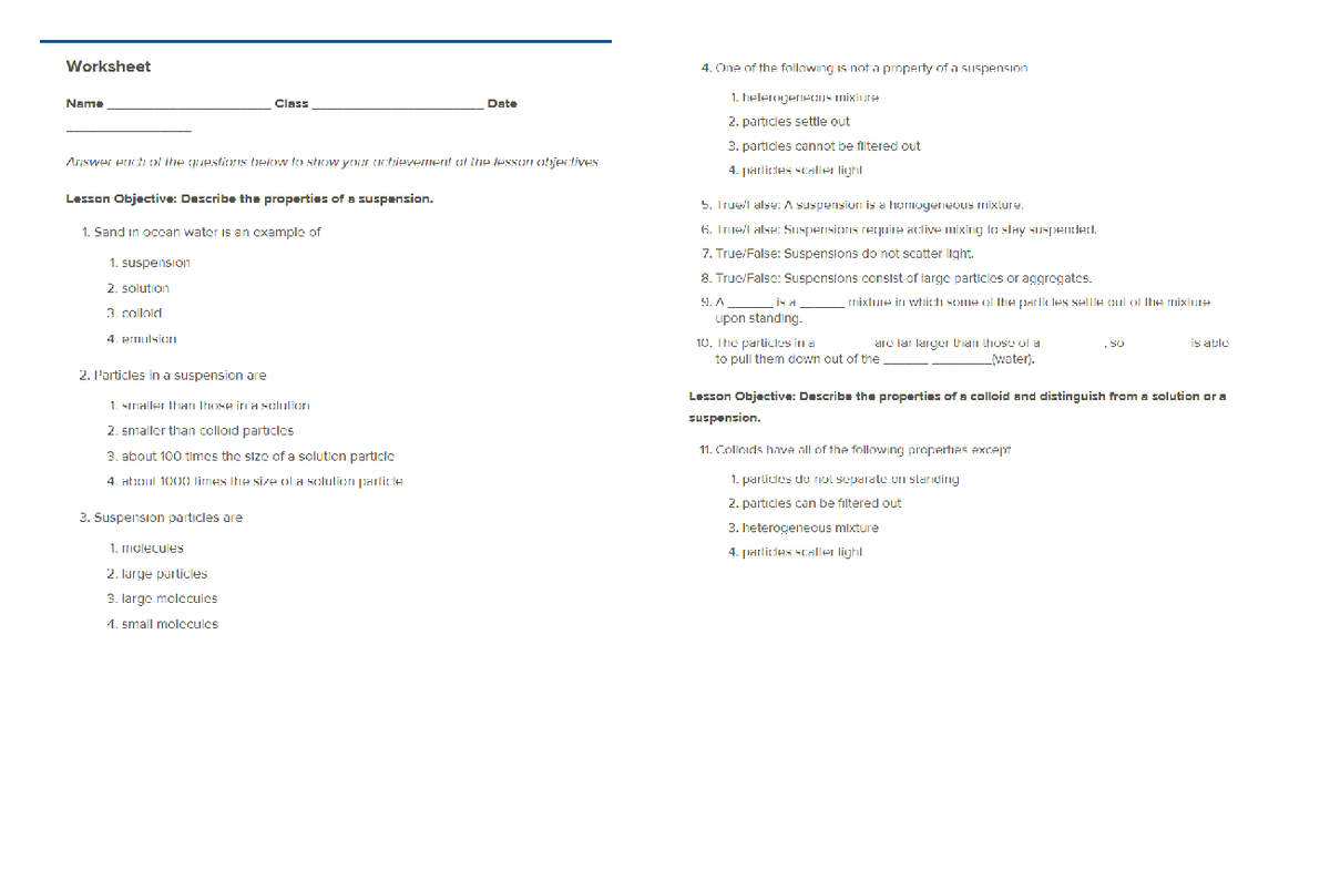 Colloids and Suspensions Worksheet - Biochem Class - Studocu