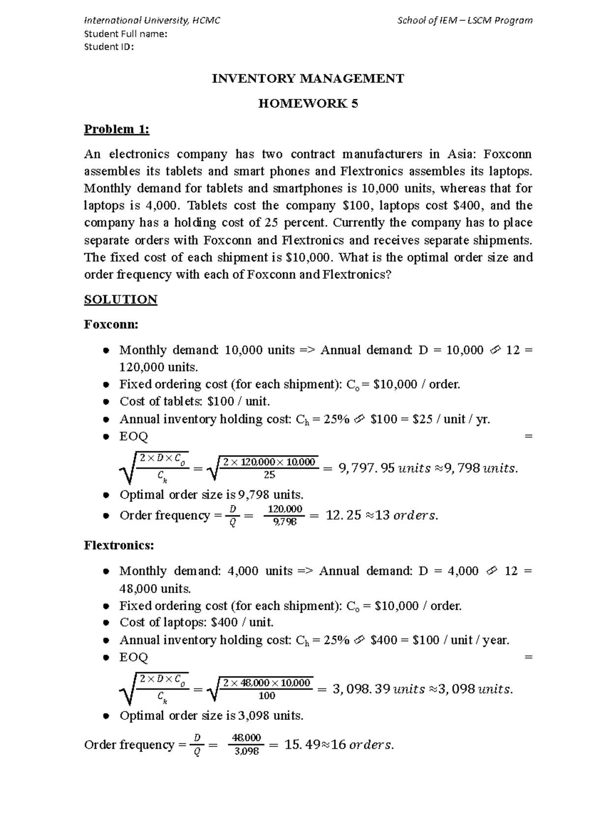 IEM LSCM Program: Inventory Management Homework 5 Solutions - Studocu