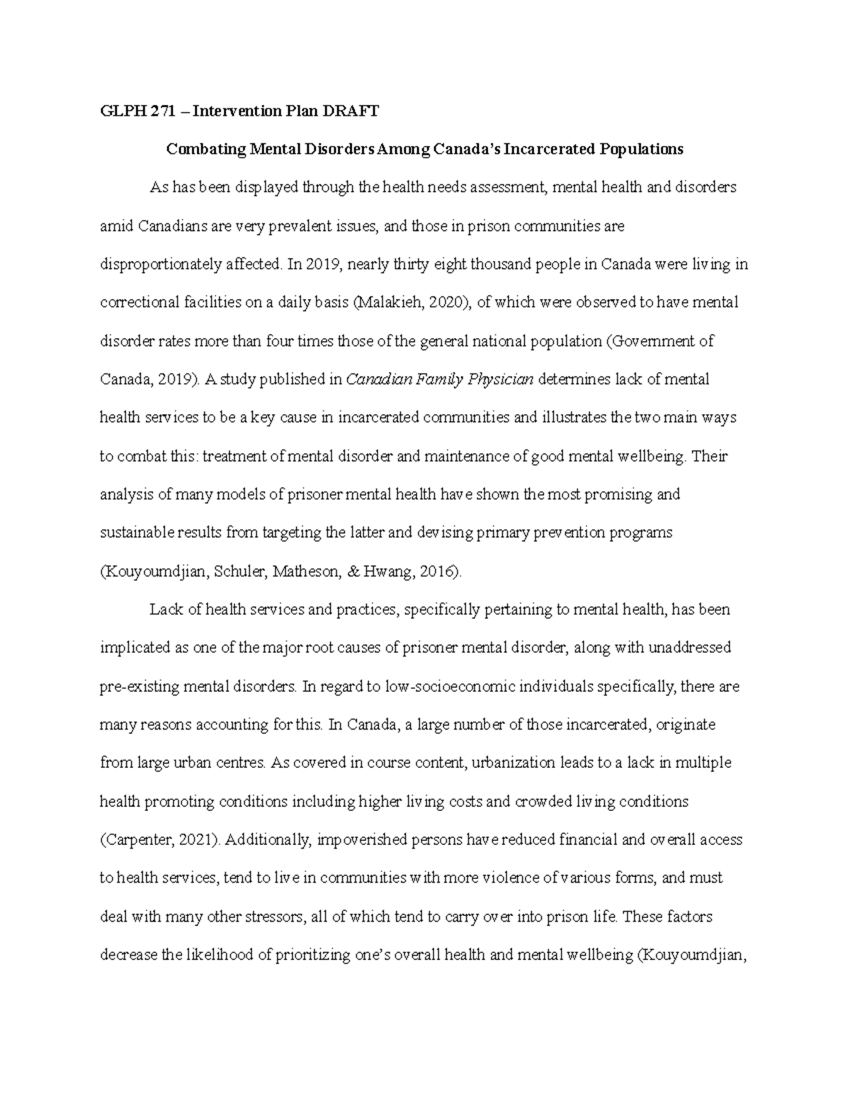 GLPH 271 – Draft Intervention Plan for Mental Health in Prisons - Studocu