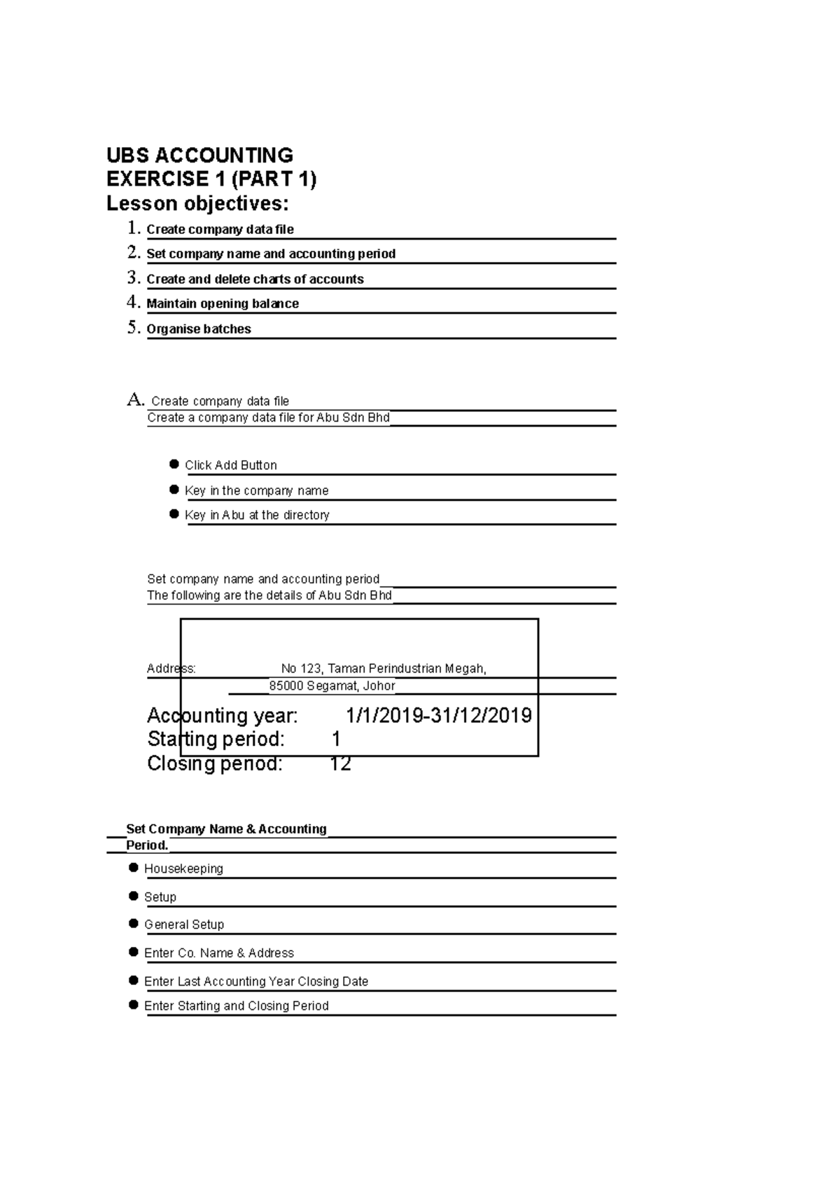 UBS ACCOUNTING EXERCISE 1 (PART 1 & 2) Lesson Notes - Studocu