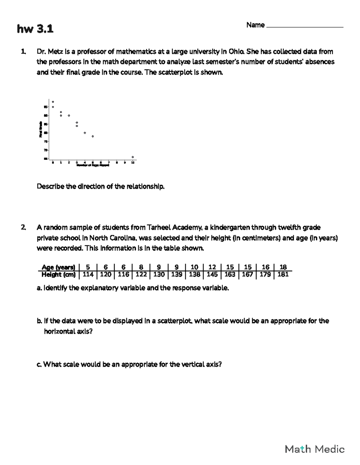 AP Statistics Homework 3.1: Scatterplots and Data Analysis - hw 3. Name
