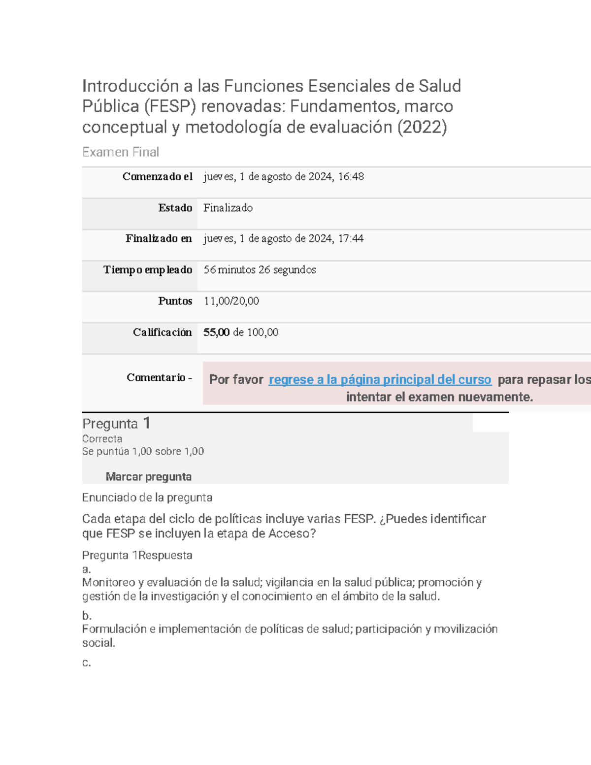 Examen Final 1 FESP: Funciones Esenciales de Salud Pública 2024 - Studocu