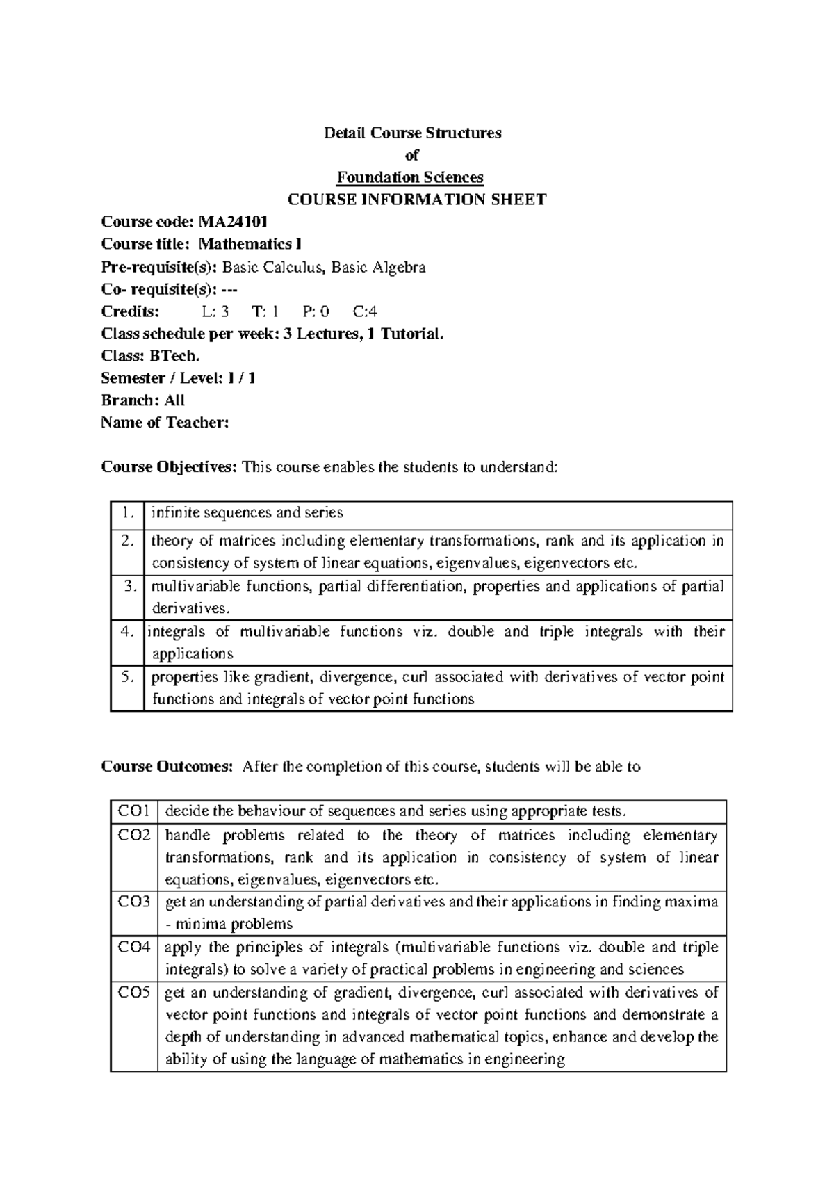Mathematics I (MA24101) 1st Semester Course Structure Overview - Studocu