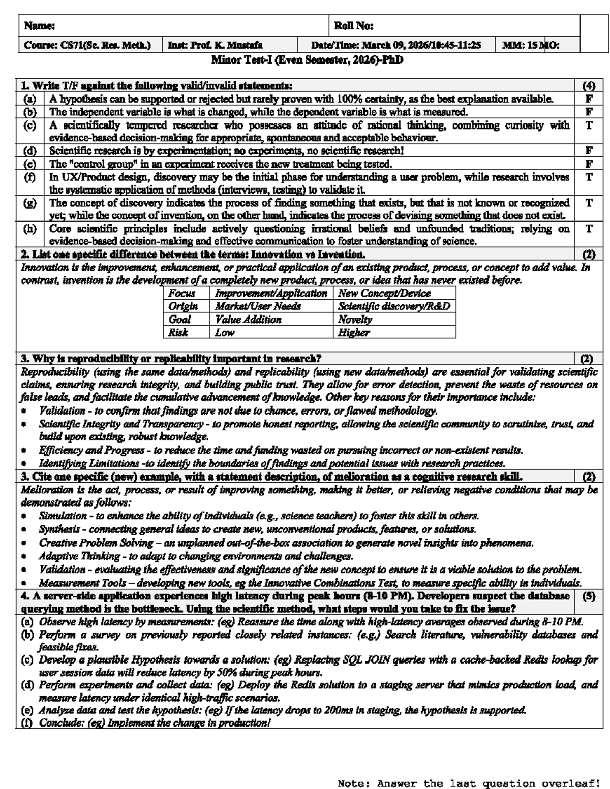 CS71 Scientific Research Methods: Sample Question Paper - Studocu