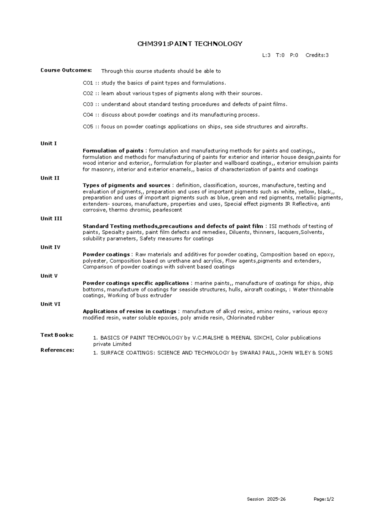 CHM391: Paint Technology Course Syllabus and Outcomes - Studocu