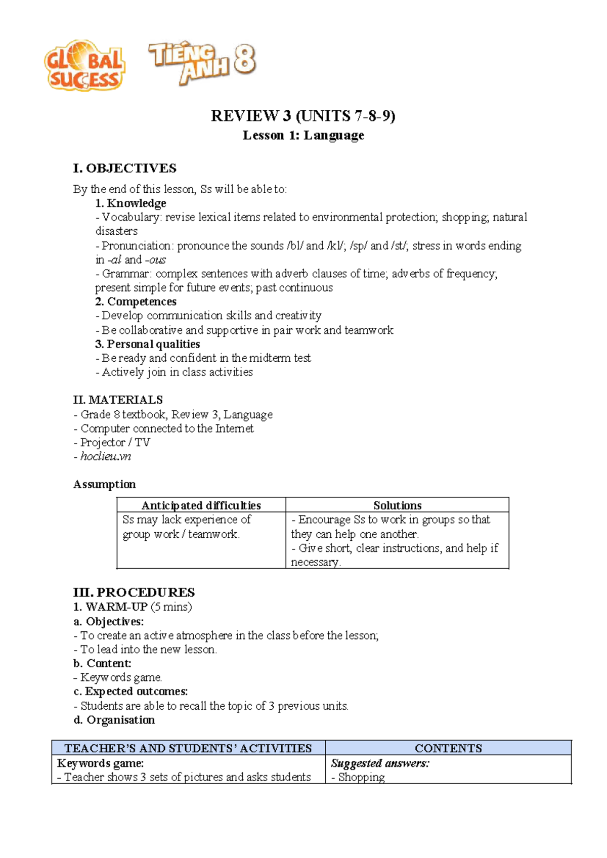 Review 3 (Grade 8) - Language & Skills Lesson Objectives and Activities ...