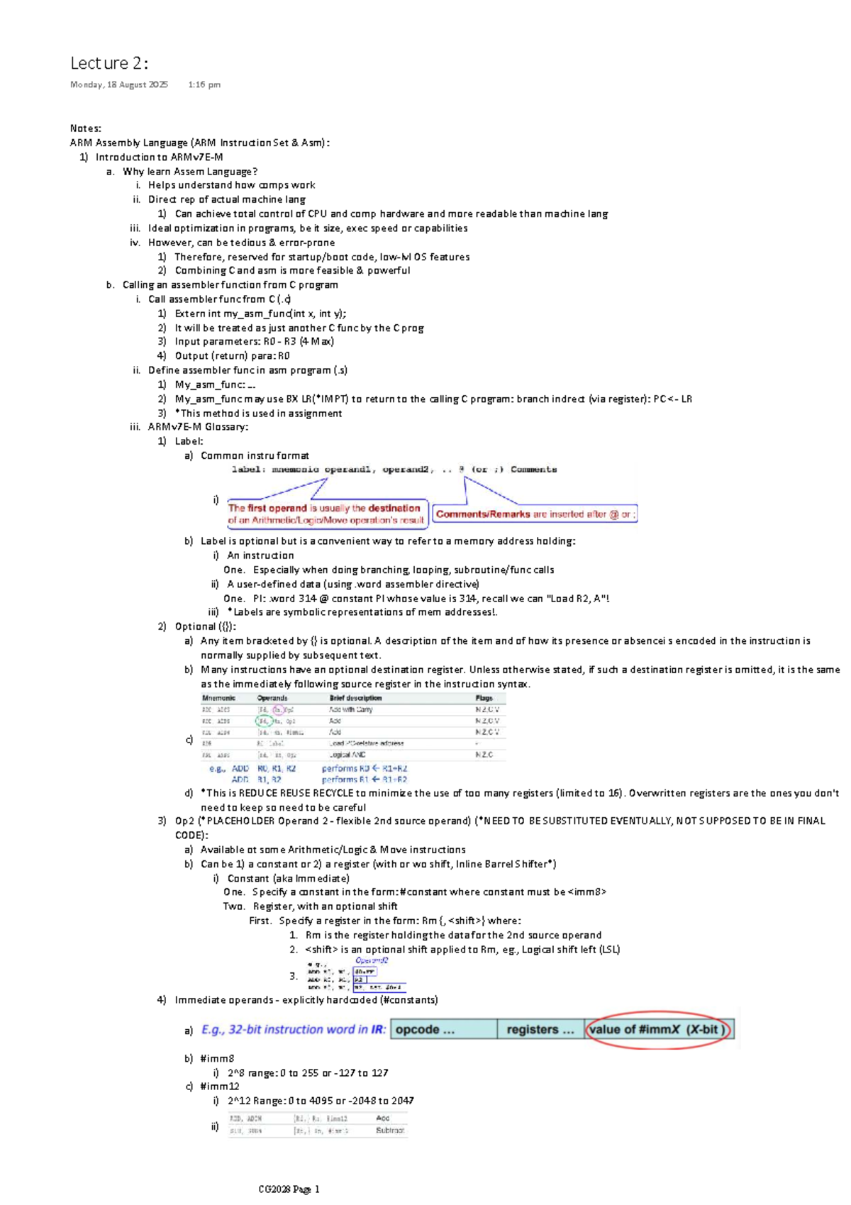 CG2028 Lecture 2: ARM Assembly Language Notes and Insights - Studocu
